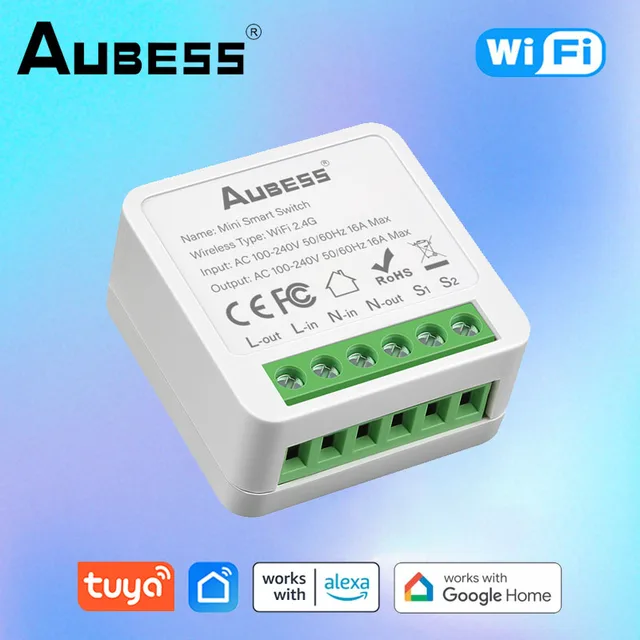 Aubess Mini 16A Wifi Smart Switch Module With Tuya Smart Life APP 2 Way ...