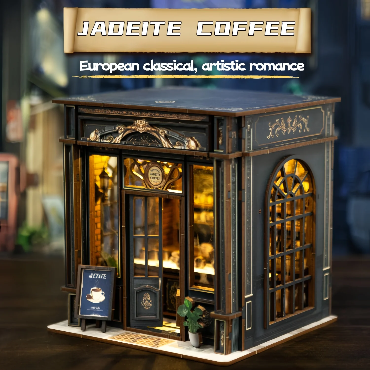 DIY Wooden Green Crystal Coffee Shop Miniature Model Kits With LED ...