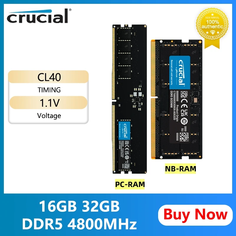 Original Crucial ram DDR5 4800MHz 16GB 32GB Laptop Memory Desktop computer RAM CL40 1.1V Voltage ...
