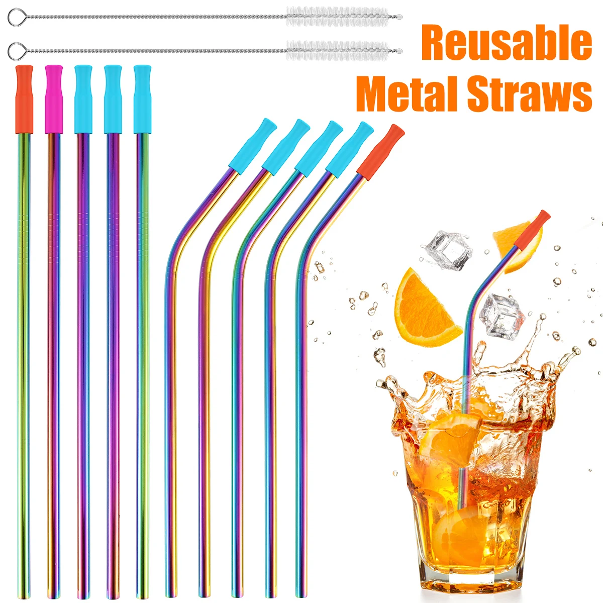 10Pcs-Stainless-Steel-Straws-Reusable-Drinking-Straws-Colorful-Curved ...