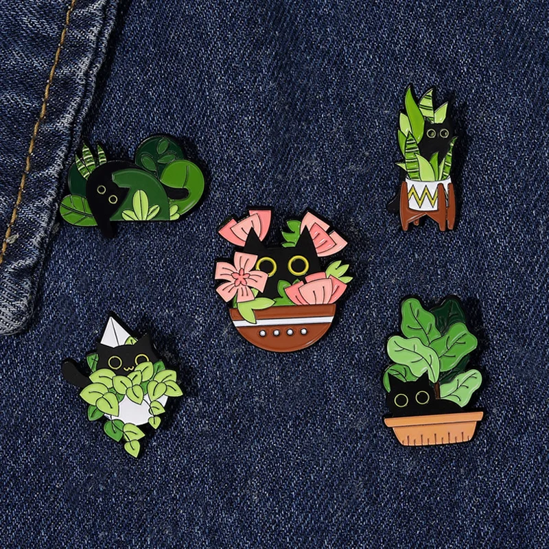 Cute Cat Plant Enamel Pin Black Cat Potted Plant Green Leaf Flower ...