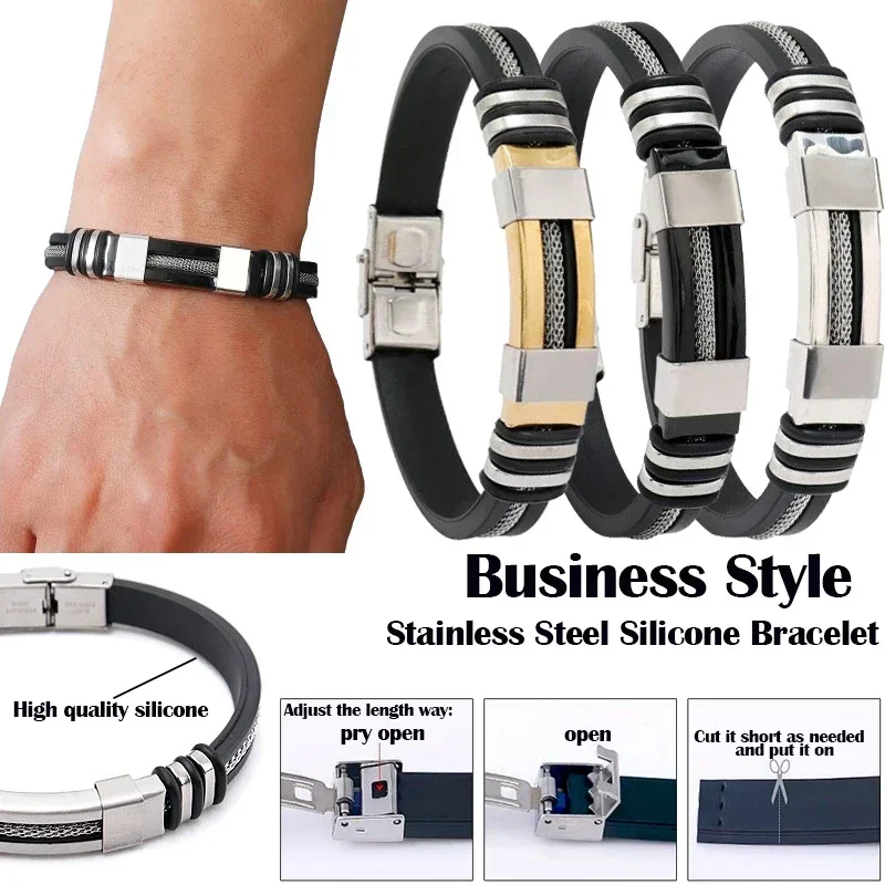 Fashion Men's Business Bracelet Punk Stainless Steel Silicone Bracelet ...