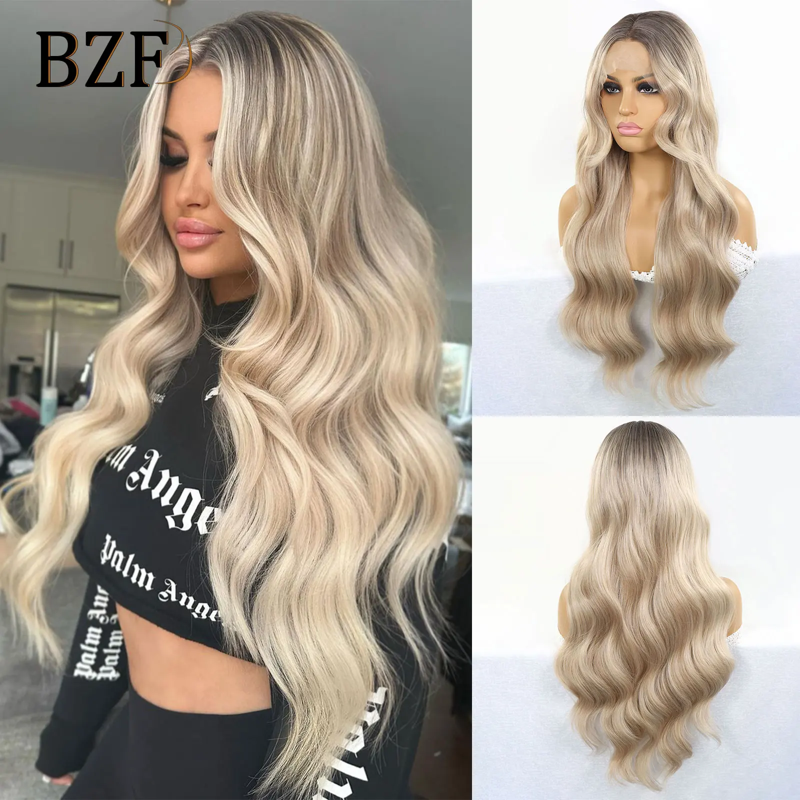28-Inch-Blonde-Highlight-Synthetic-Lace-Front-Wigs-Brown-Body-Wave ...