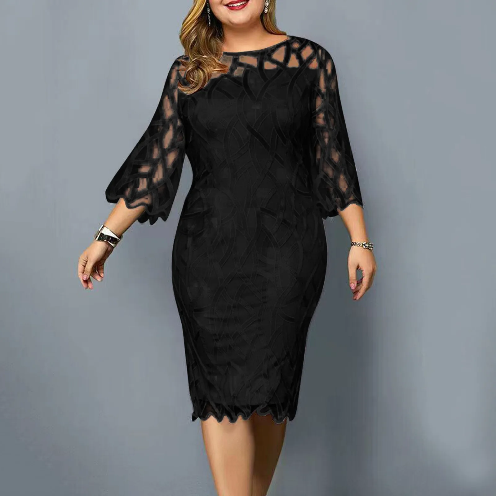 Plus-Size-Summer-Dresses-for-Women-Lace-Mesh-Spliced-Elegant-Party-Midi ...