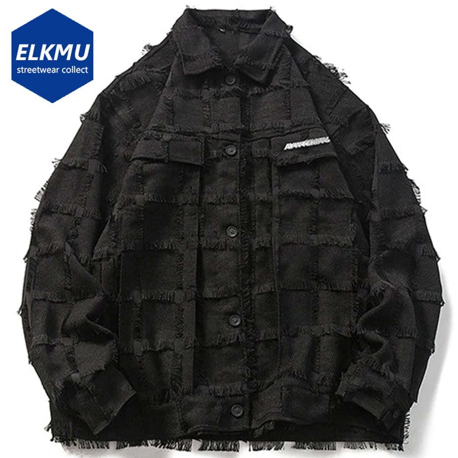 Men's Fashion Black Jackets Patchwork Tassel Oversized Streetwear Coat ...