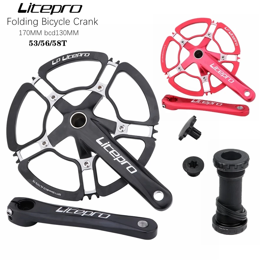 LP Litepro 접이식 자전거 크랭크, 130BCD, 초경량 CNC 알루미늄 합금, 170mm 중공 크랭크셋, 53/56 ...