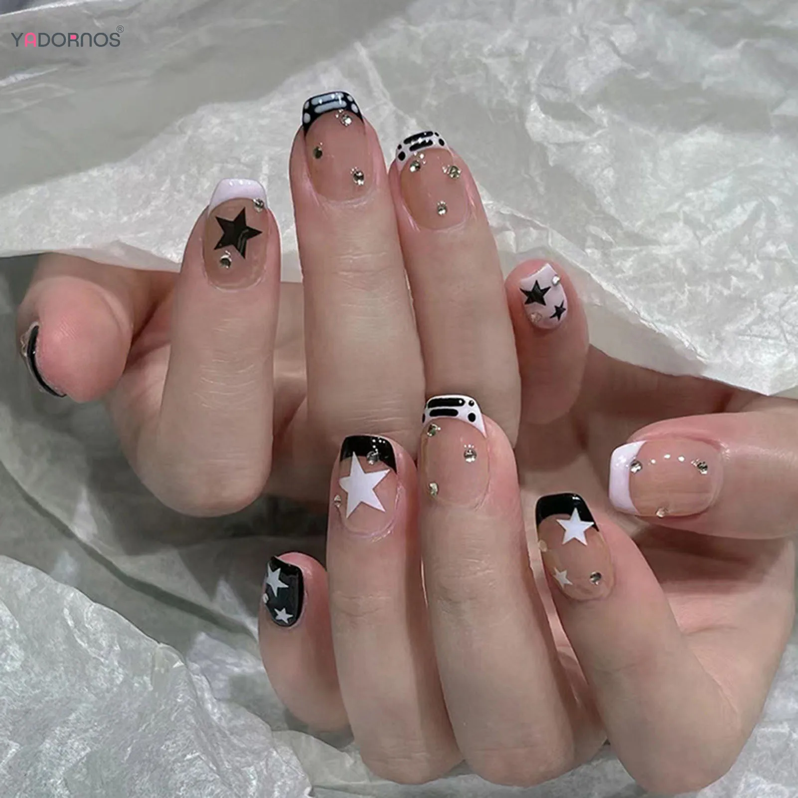 Short-Square-Fake-Nails-Y2K-Style-Nails-Press-on-White-Black-French ...