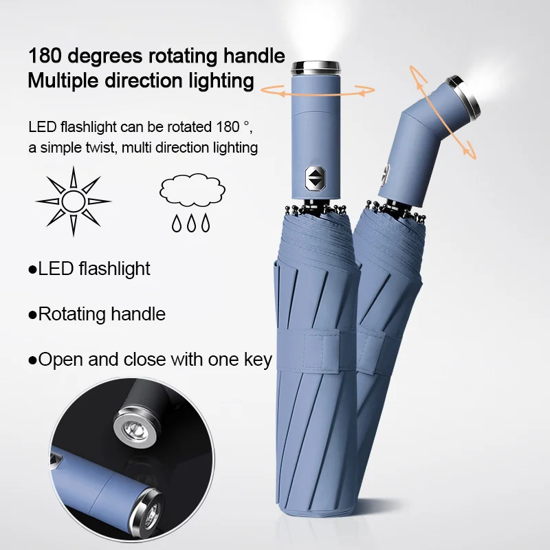 Fully Automatic Umbrella With Led Flashlight 10-ribs Portable Outdoor ...
