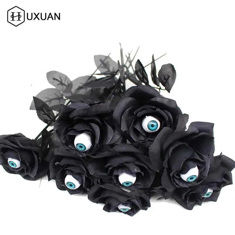 1Pc Gothic Black Rose Artificial Flower With Eyes Head Bouquet Home ...