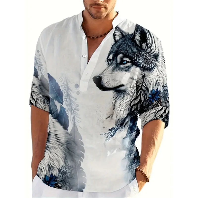 Camisas Henley con estampado 3D de lobo Animal, ropa de calle a la moda ...
