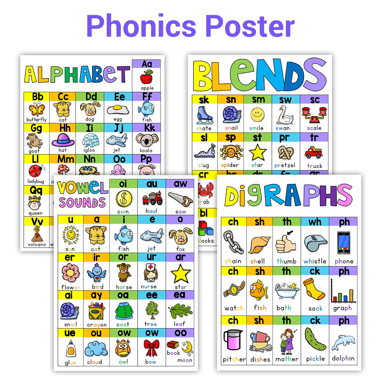 A4 4pcs English Words Phonics Spelling Classroom Decoration Education ...