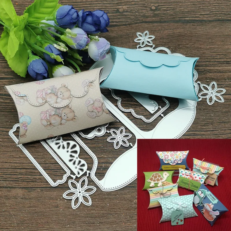 3D Pillow Gift Box Metal Cutting Dies With Little Tags Labels Flowers ...