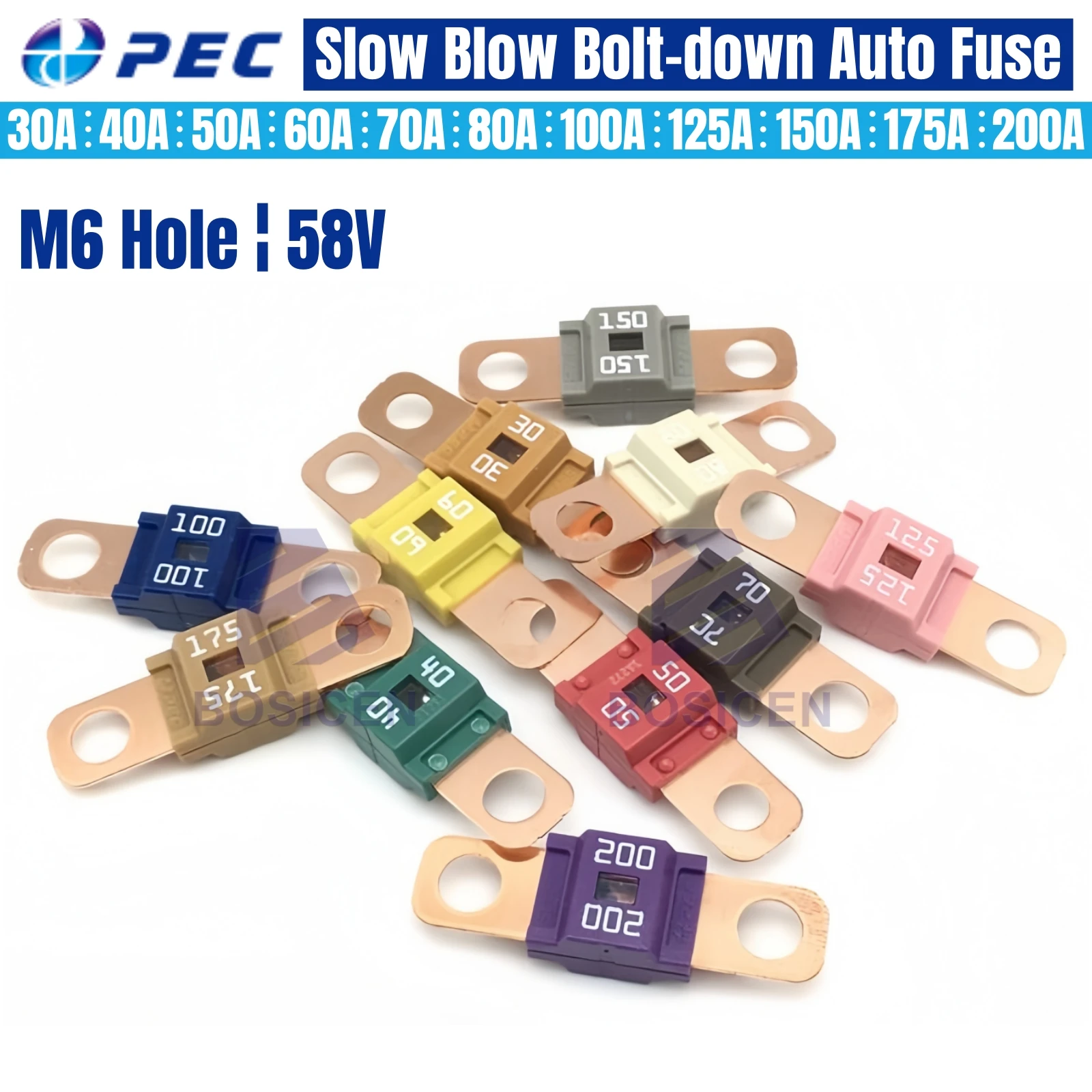 PEC SBFW-L M6 58V Bolt-down Slow Blow Fuse 30A 40A 50A 60A 70A 80A 100A ...