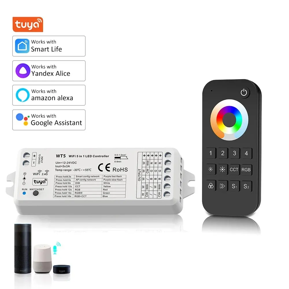 MJJC-WT5-Tuya-Smart-Life-Controlador-LED-12V-24V-5-en-1-Controlador-de ...
