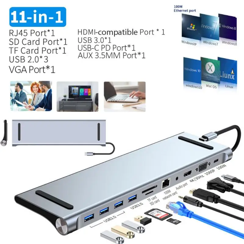 Concentrador de puertos USB tipo C, 11 en 1, 3,0 divisor, adaptador multipuerto tipo C, soporte ...