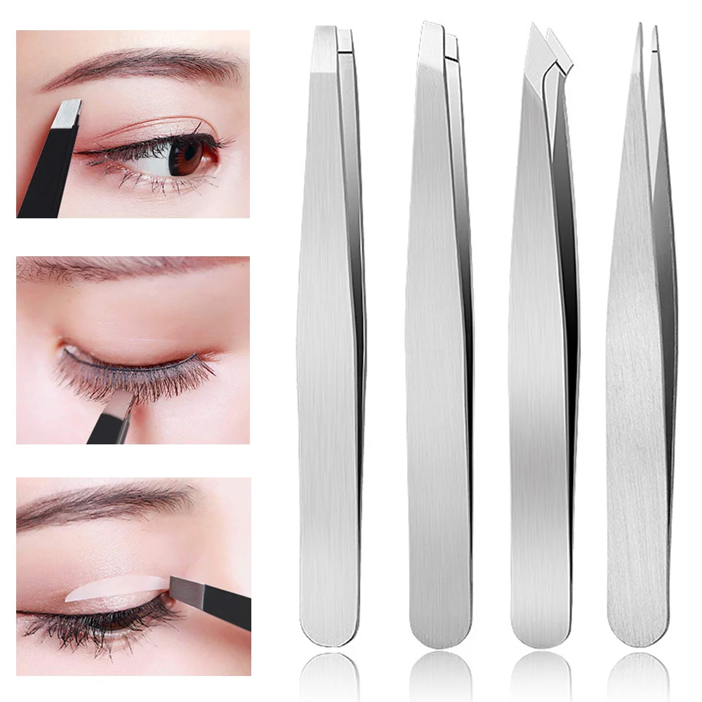 4Pcs-Eyebrow-Tweezers-Stainless-Steel-Slant-Tip-Hair-Removal-Clips ...