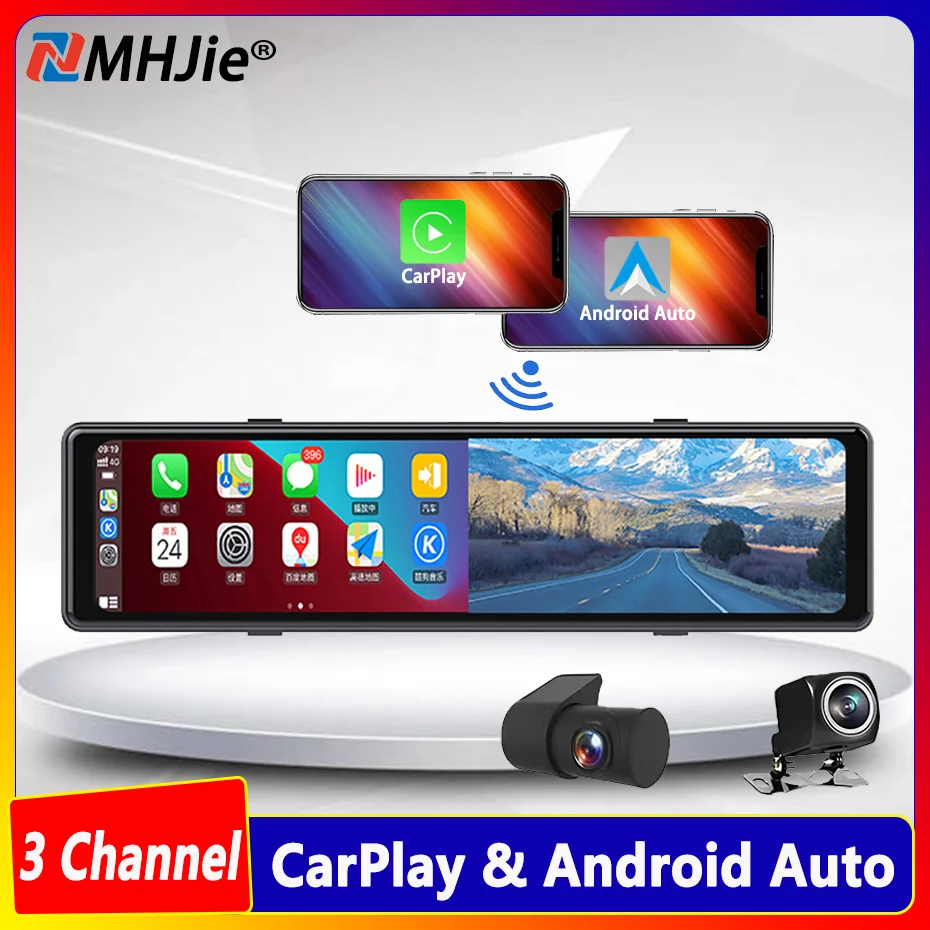 4K-Carplay-Android-Auto-Dash-Cam-3-Channel-Stream-RearView-Mirror-GPS ...