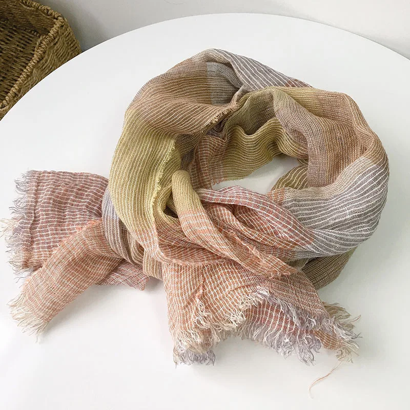 Japanese Style Checked Striped Linen Scarf Spring and Summer Thin ...