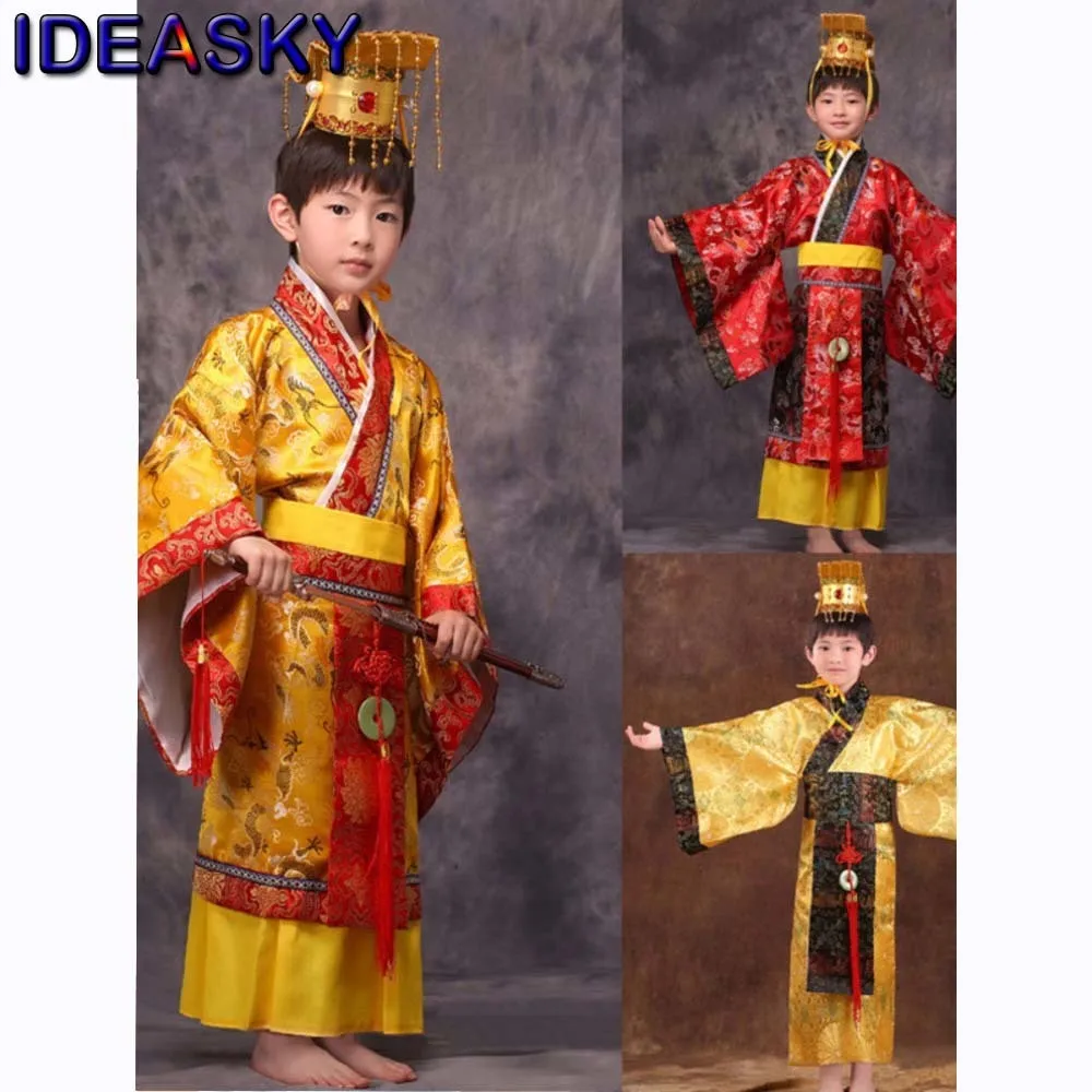 child chinese traditional hanfu dress men boys emperor king Stage red ...