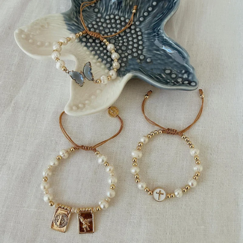 Natural Irregular Pearl Beaded Bracelets Cross Heart Star Alloy ...