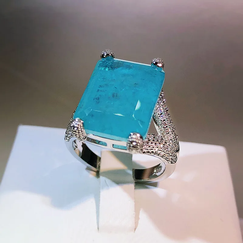 Luxury Women Paraiba Tourmaline Stone Ring Crystal 925 Silver Color ...