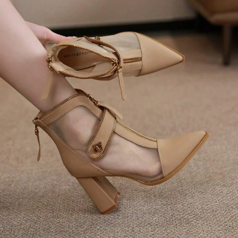 Women-Pointed-Short-Boots-Summer-Fashion-Chunky-Heel-High-Heels-Double ...