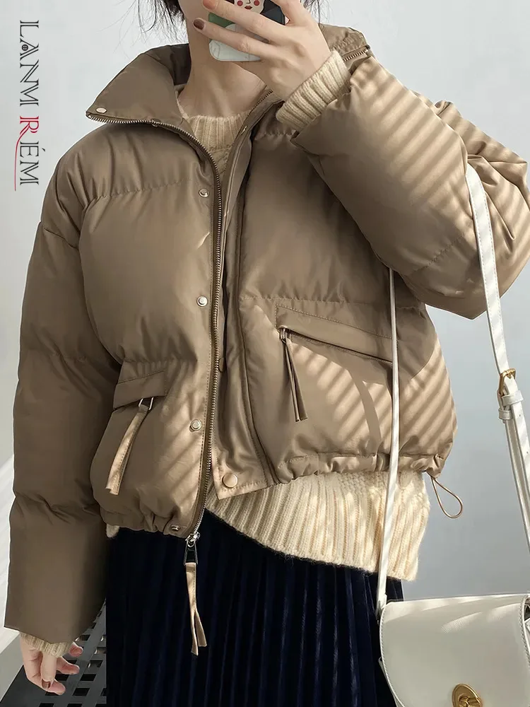 Lanmrem Drawstring Design Cotton Coats For Women 2023 Winter New Stand