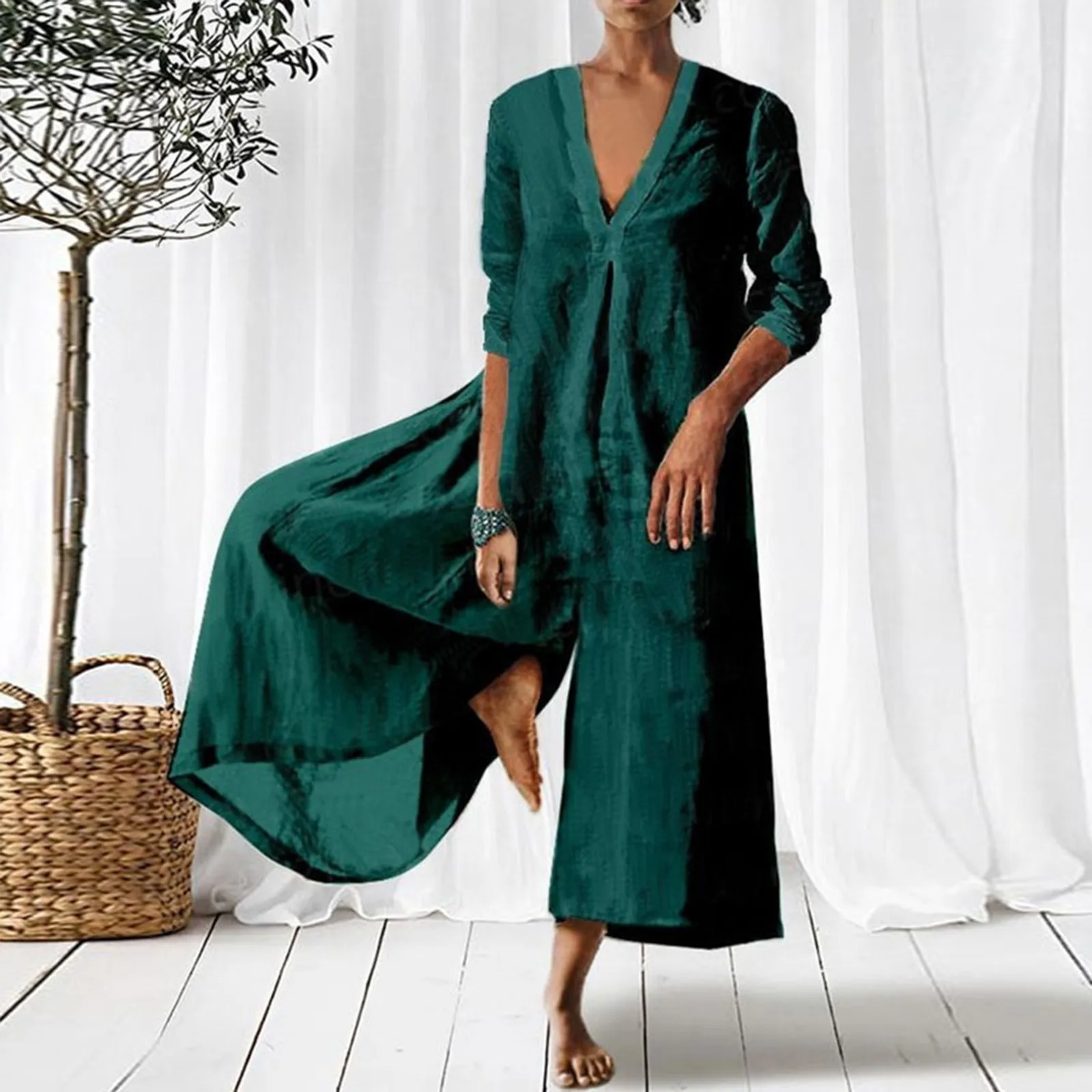 Mono holgado de lino y algodón para mujer, peto informal de manga 3/4, outfit de pierna ancha ...