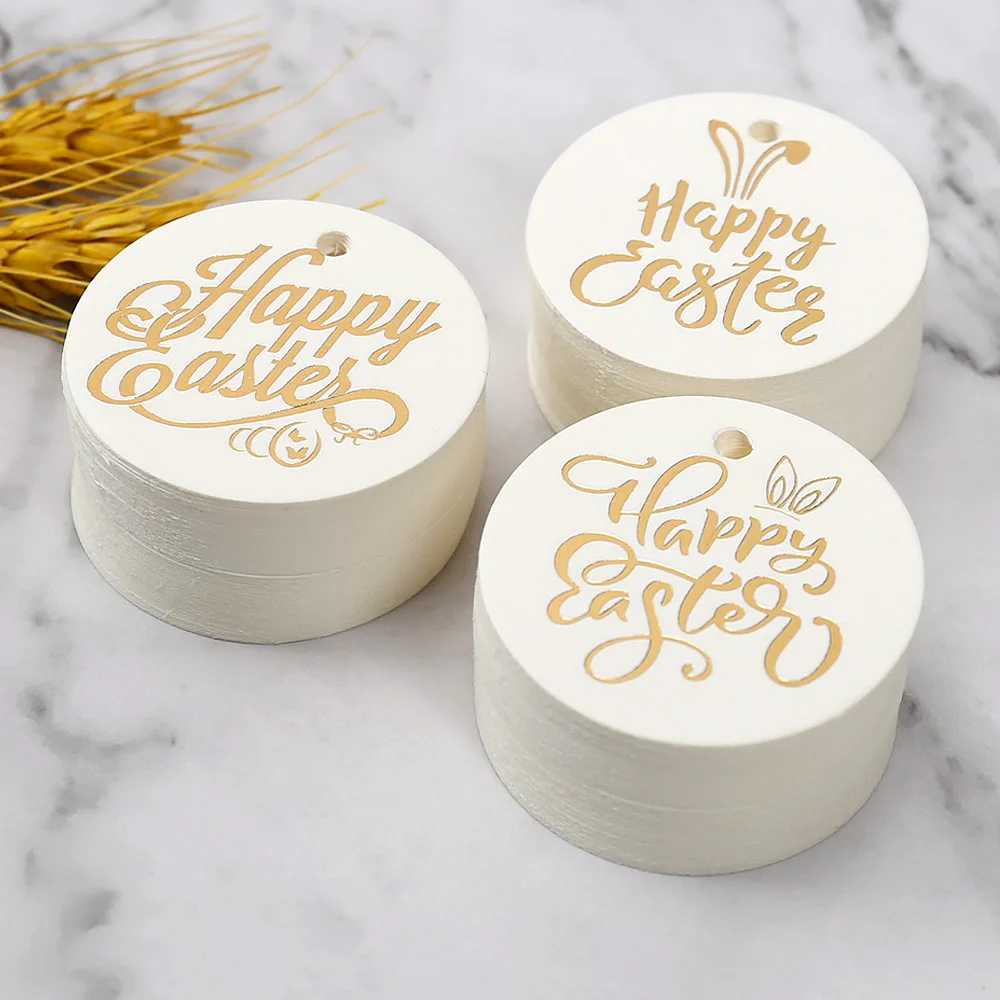 100pcs Happy Easter Tags Bronzing Card Rabbit Round Paper Tag Easter ...