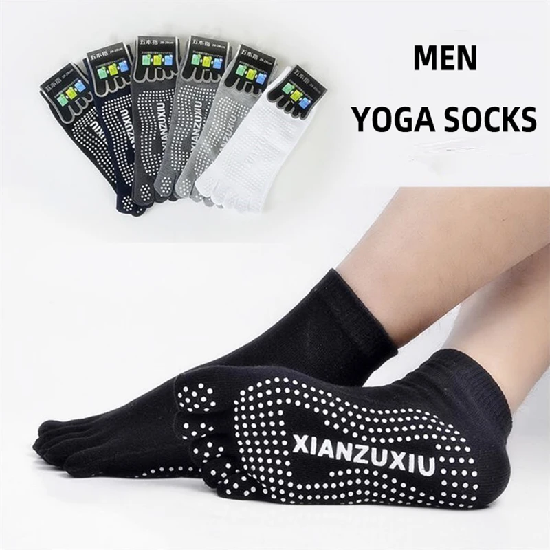 Men Five Toed Dot Silicone Yoga Mid-Crew Socks Cotton Solid Non-slip ...