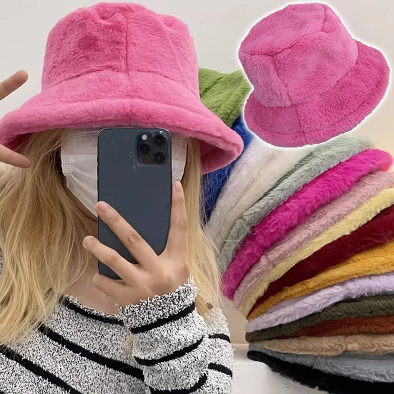 Winter Plush Bucket Hats For Women Outdoor Thick Warm Panama Cap Solid ...
