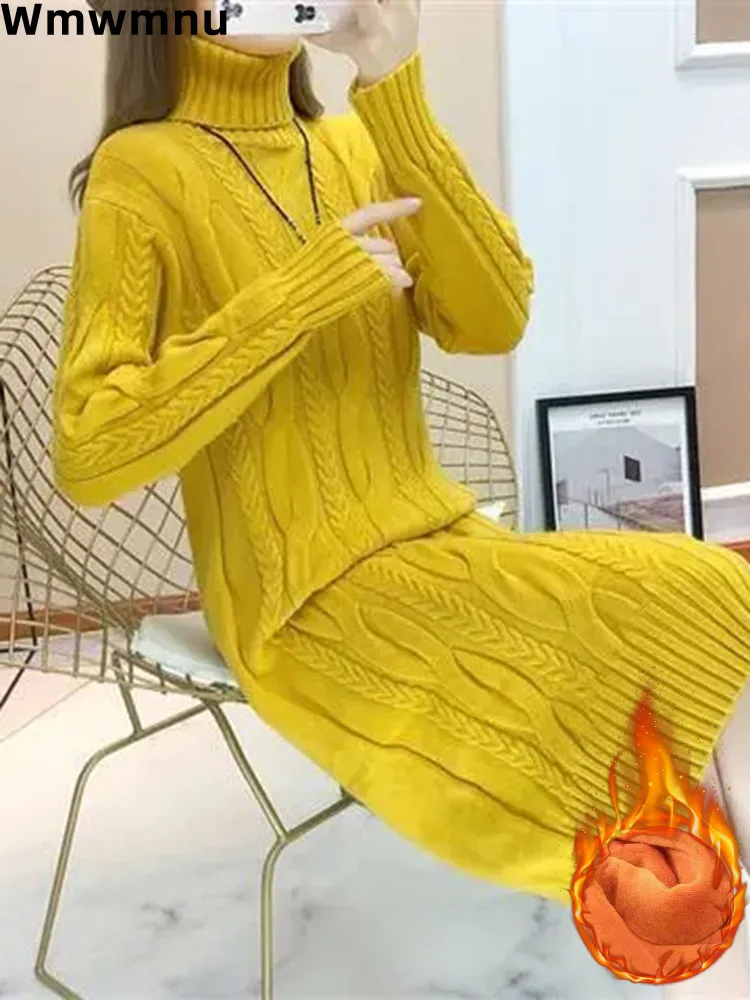 Roll-kragen-pullover-Winter-warm-Midi-Strickkleid-verdicken-Samt-gef ...