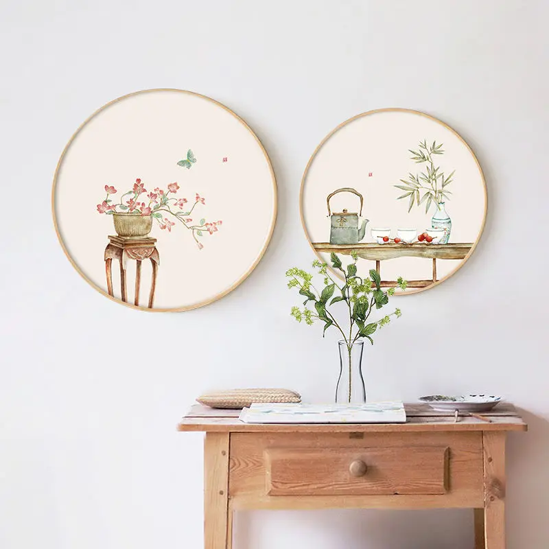 Japanese Zen Round Wall Art, Solid Wood Frame Floral Painting for ...