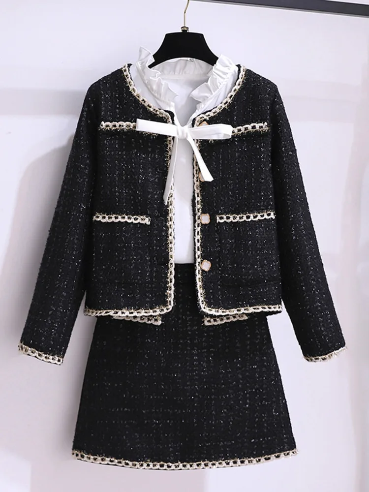 Autumn Winter Elegant Black Tweed 2 Piece Set Women Long Sleeve Woolen ...