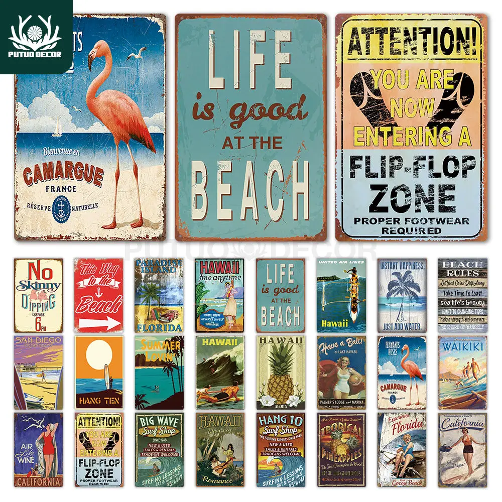Beach-Retro-Tin-Sign-Plaque-Metal-Vintage-Summer-Wall-Sign-Beach-Decor ...