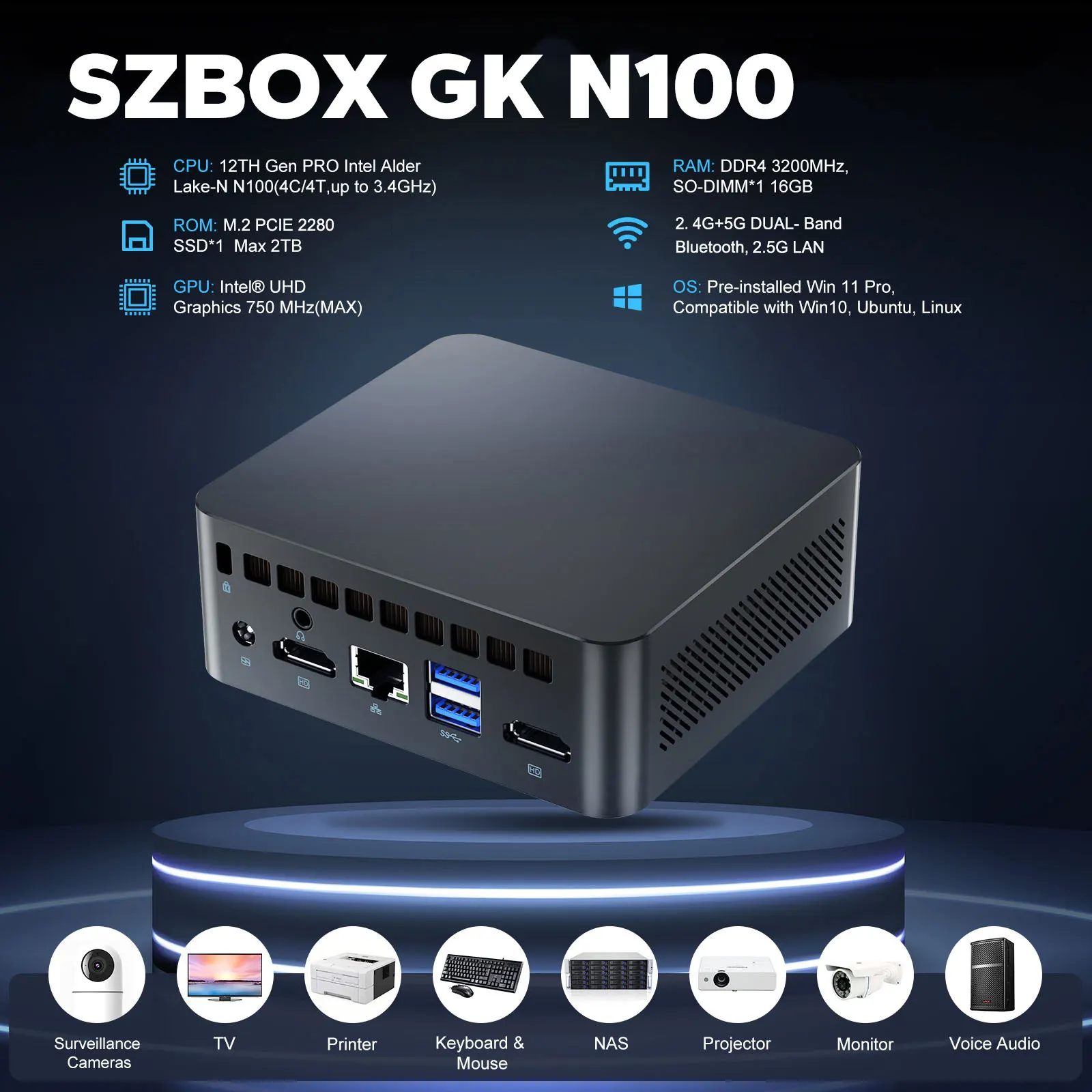 SZBOX GK N100 N95 Mini PC Windows 3200MHz DDR4 NVME SSD 12V 4A Power 2 ...