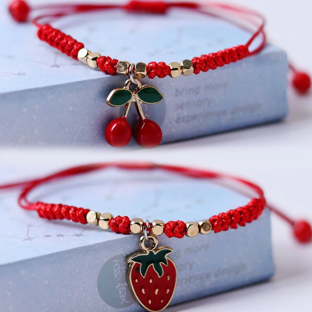 Sweet-Strawberry-Cherry-Braided-Hand-string-DIY-Adjustable-Red-Rope ...