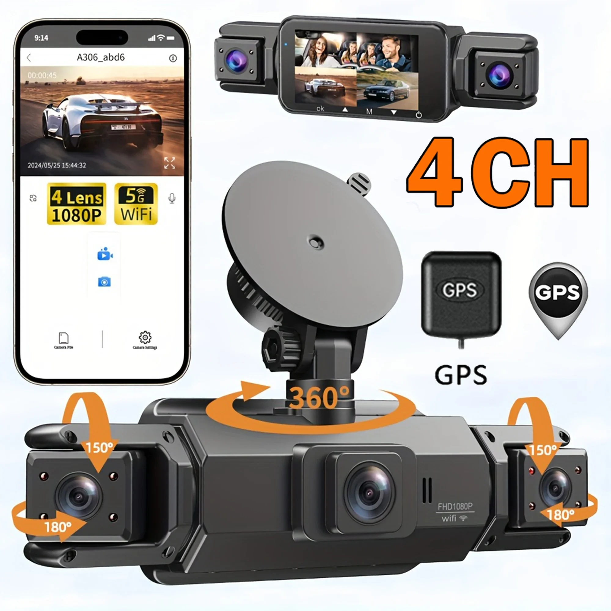 4CH GPS Dashcam Car Camera Black Box With WiFi Night Vision DVR 360 ...