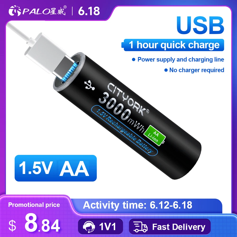 Bateria Recarregável 3000mwh Do Aa Do Li-íon 1.5v Micro Usb Que Carrega A Pilha Do Aa 2a Da ...
