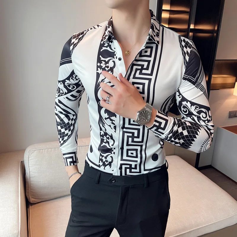 23Color-6XL-Luxurious-Man-Vintage-Printed-Social-Shirts-Mens-White-Slim ...
