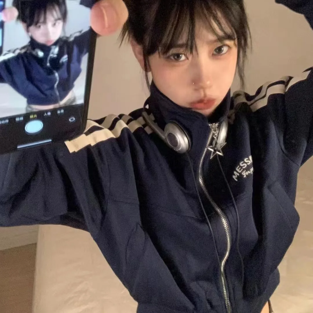 Hoodies Harajuku Striped Cropped Zipper Jackets Kpop Sweatshirt Clothes ...