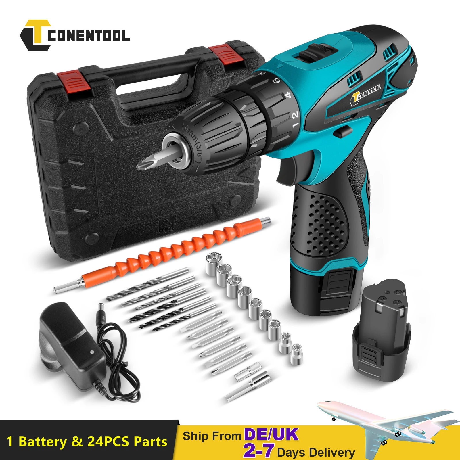 CONENTOOL 12V Electric Screwdriver Set 24pcs 1500mah Battery Drill ...