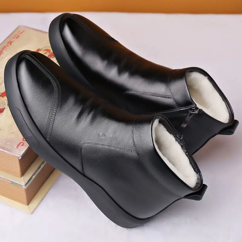 Flat Booties Ankle Snow Leather Boots for Men Black Slip-On Winter ...