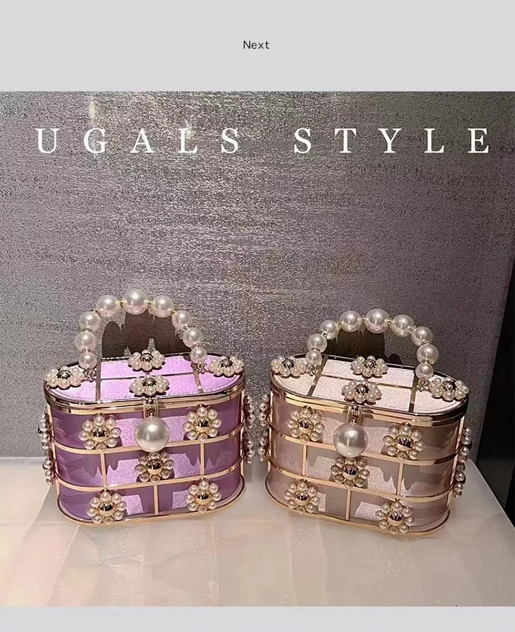 Luxury Designer Hollow Out Gold Metal Cage Pearl Beading Handle Handbag ...