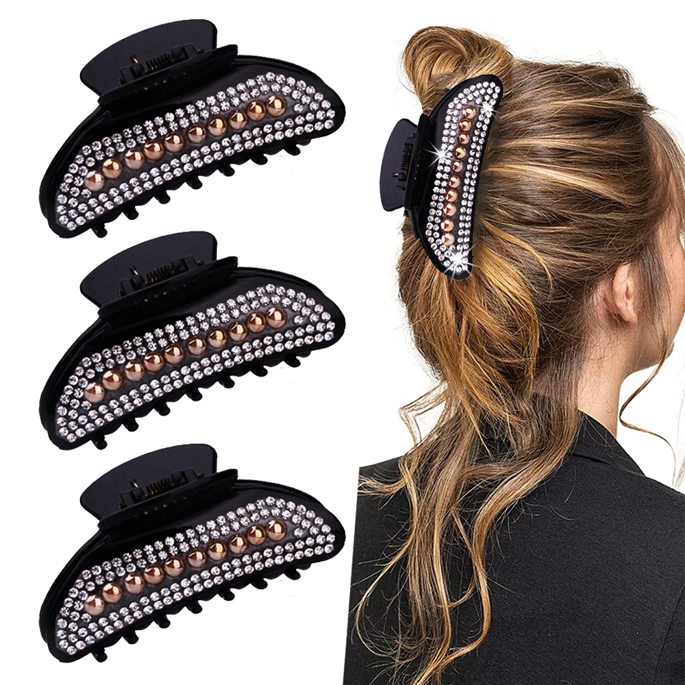 Women-Crystal-Anti-Slip-Hair-Claw-Pearl-Hair-Clip-Crab-Black-Barrettes ...