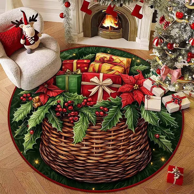 Christmas Stocking Gift Basket Carpet Mat Poinsettia Holly Rug Red ...