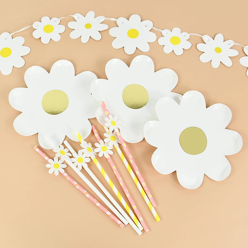 Daisy Theme Paper Plates Banner Straw Disposable Tableware Kids ...
