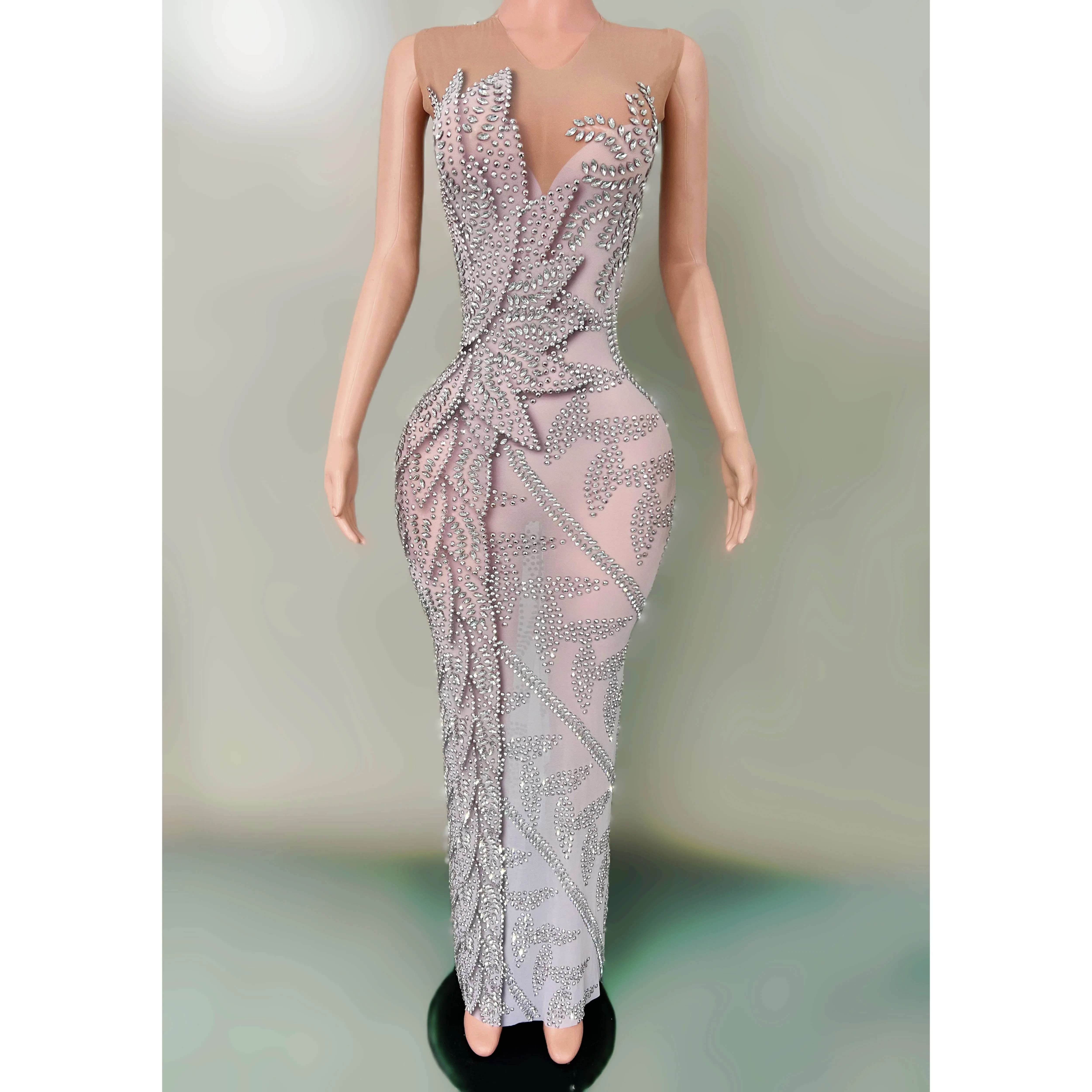 Luxury Rhinestones Cocktail Dress Women Sexy See Through Stretch ...