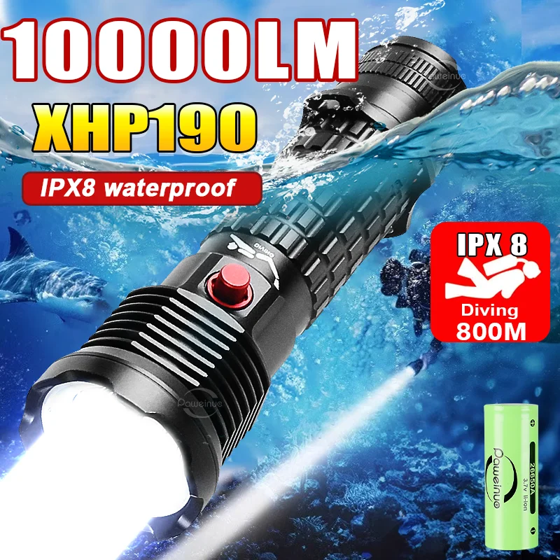 10000LM-XHP190-Professional-Diving-Flashlight-26650-Rechargeable-Diving ...