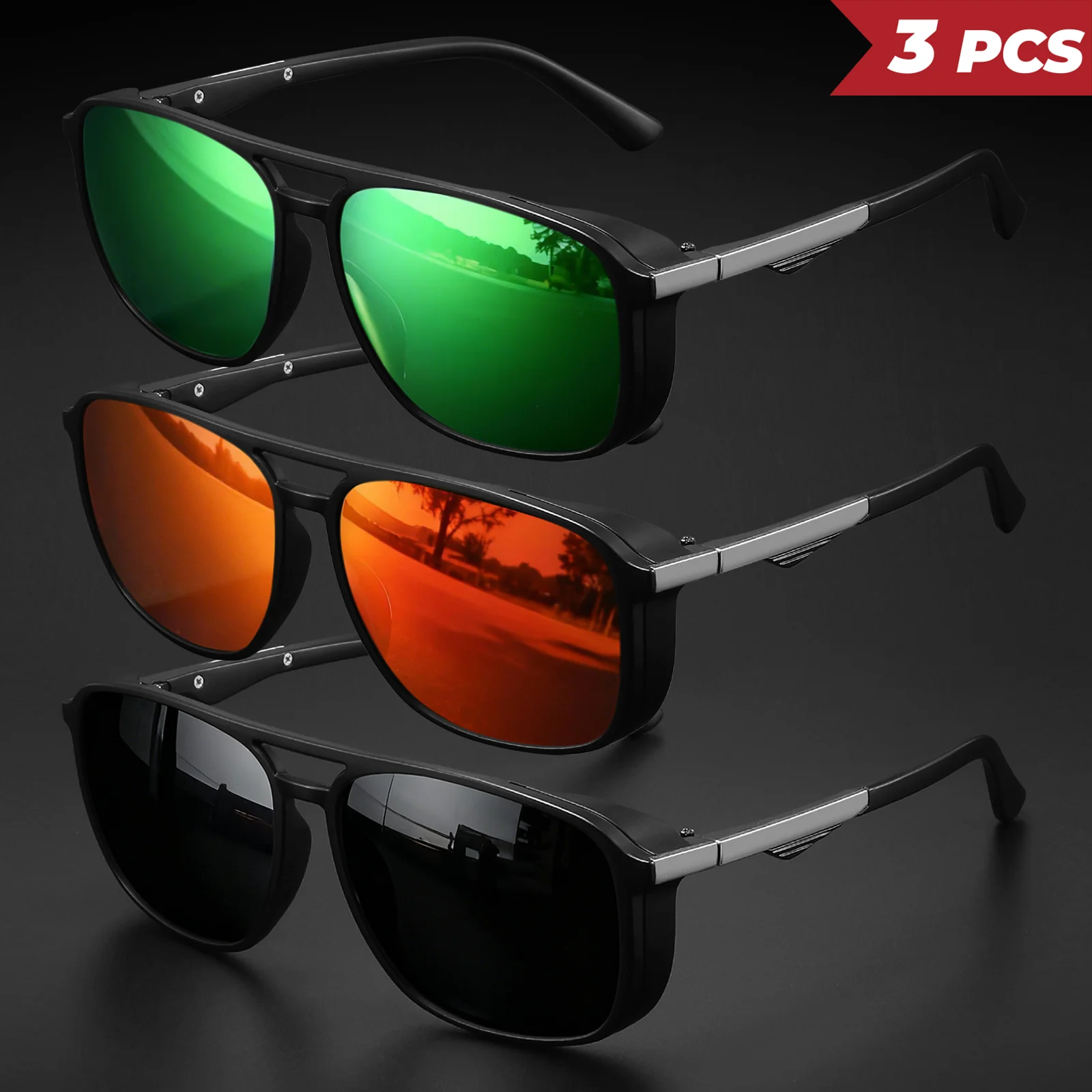 3PCS Vintage Steampunk Goggles with Square Lens - UV400 & Wind ...